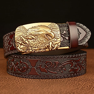 HYJTYA Men's Ratchet Genuine Leather Belt with 3D Eagle Sliding Buckle,Vintage Western Cowboy Leather Engraved Belt (Gold Brown, 39" to 42" Waist Adjustable)