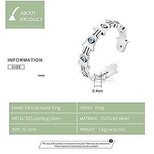 Hamsa Evil Eye Hand Blue CZ 925 Sterling Silver Open Adjustable Statement Rings for Women Dainty Band Tail Stackable Crystal Finger Ring Personalized Fashion Jewelry Gifts Bff Birthday Daughter