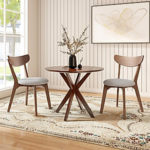 ERGOMASTER Round Dining Table for 2 to 4 Seater, Solid Wood Kitchen Table, Compact Side Table - 36 Inch Walnut Wood Tabletop - Trestle Pedestal Base - Ideal for Home, Apartment, Small Space