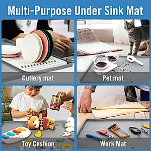 RENWA Under Sink Mat for Bathroom with Scrubber and Towel | 34’’x 22’’ | Silicone Under Sink Liner has Drain Hole | Cabinet Protector, Under Sink Tray for Drips, Leaks, Spills (Grey)