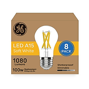 GE Ultra Bright LED Light Bulbs, 100 Watt Equivalent, Soft White, Ceiling Fan Clear A15 Bulbs (8 Pack)