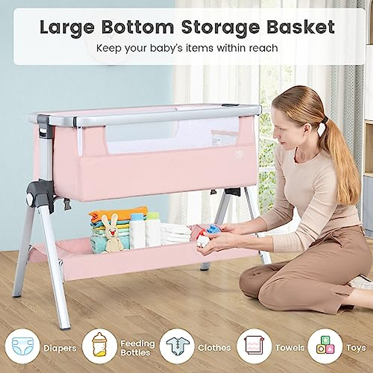 BABY JOY Bassinet, Portable Bedside Crib w/Mattress, Storage Basket, Built-in Pulleys, Adjustable Height & Travel Bag, Bassinet Bedside Sleeper for Newborn Infants (Pink)