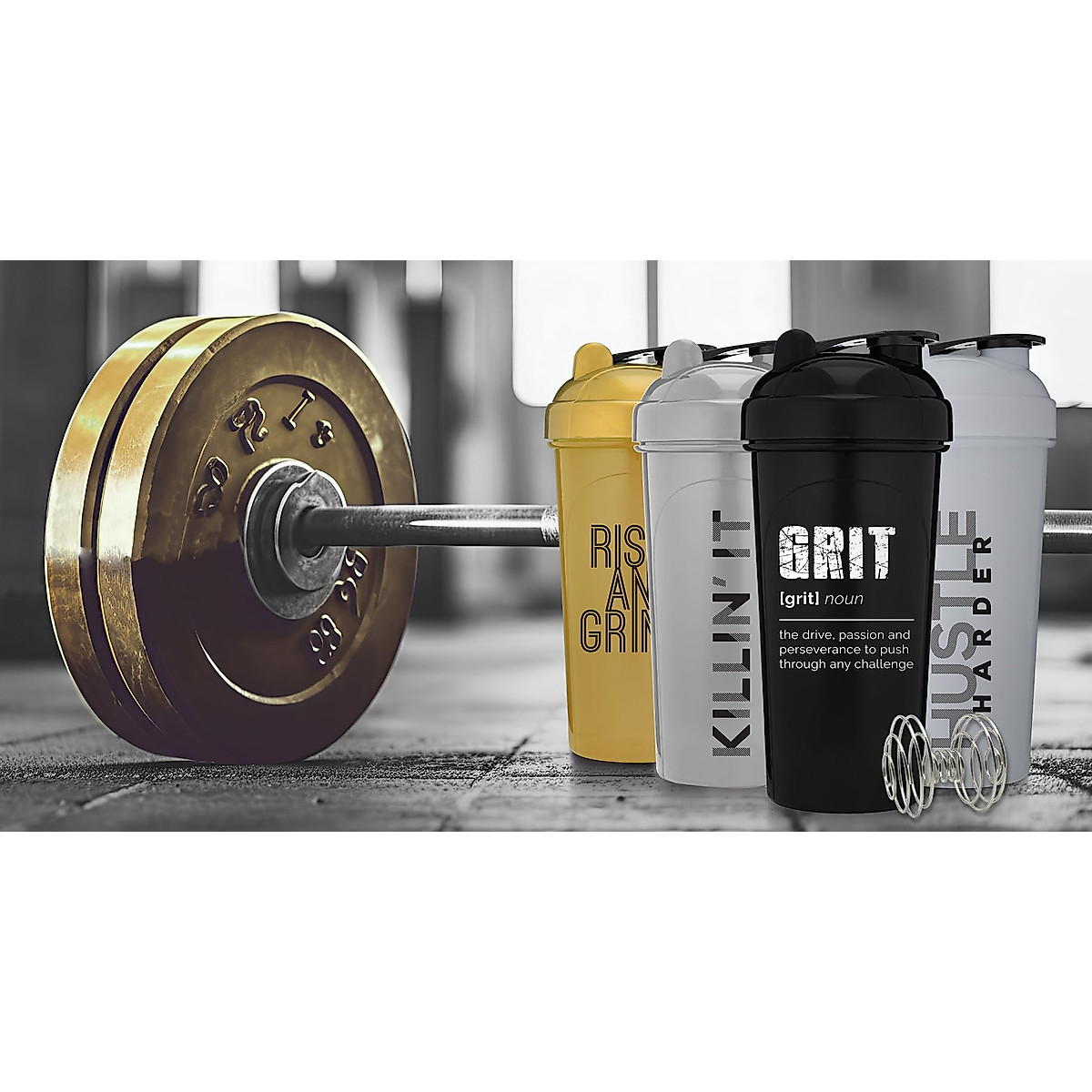 [4 Pack] 28oz Protein Shaker Bottle with Motivational Quotes (Black, White, Silver, Gold) |Shaker Cup with 4x Wire Mixers | Shaker for Protein Mixes Pack is BPA Free, Leak Proof and Dishwasher Safe