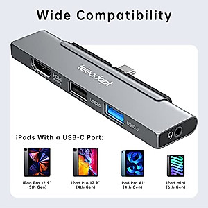 Teleadapt iPad Pro USB C Hub, 5-in-1 Hub Adapter for iPad Pro 2020 2021 11.9 12.9 inches iPad Air 2020, iPad Pro Hub with 4K HDMI, 3.5mm Headphone Jack, 100W USBC Charging, USB 2.0, USB 3.0 Data C Hub
