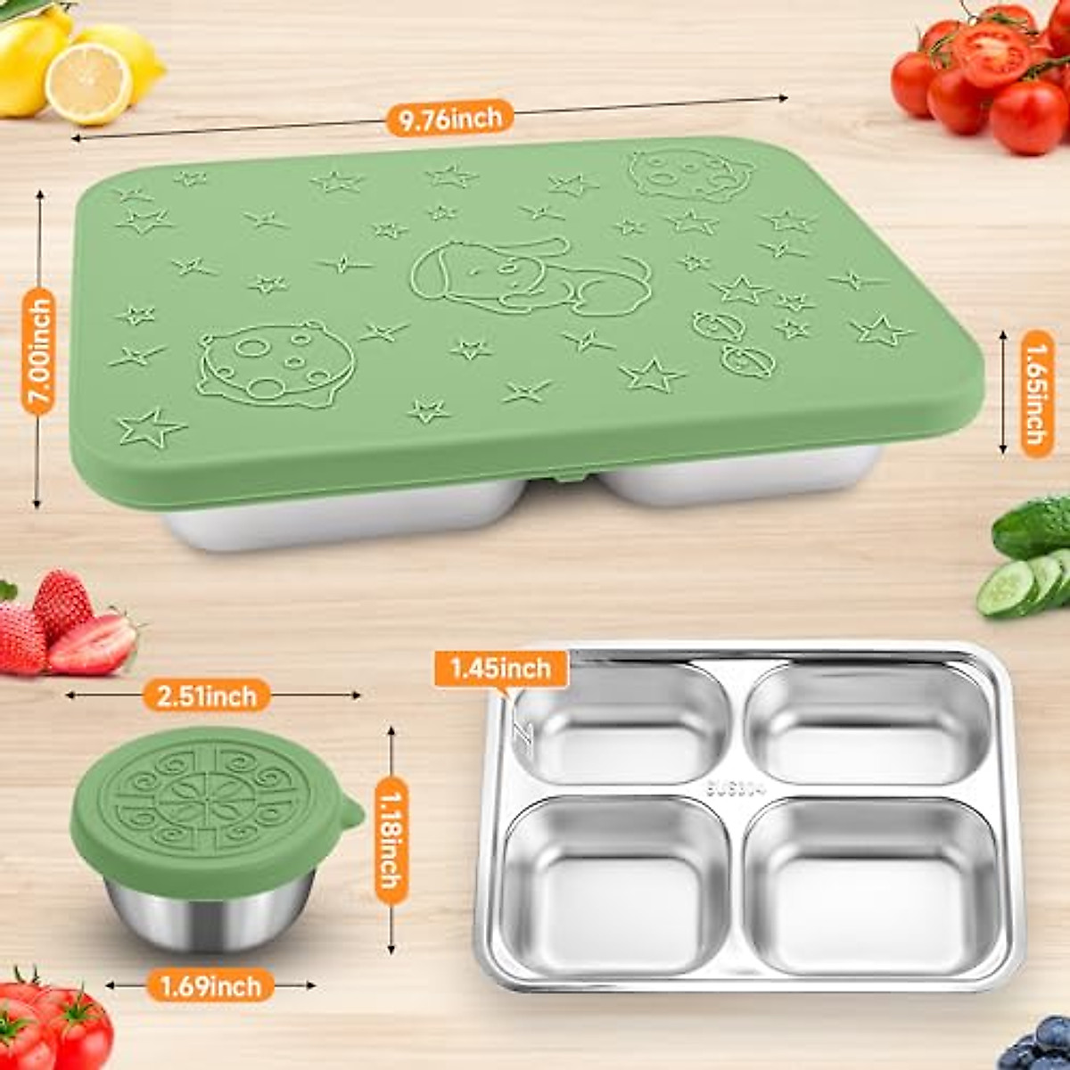 LEGELITE Stainless Steel Bento Box Container with 2 Sauce Cups, 4 Compartments Premium Bento Box, Metal Lunch Box Set for Kids or Adults (Sage)