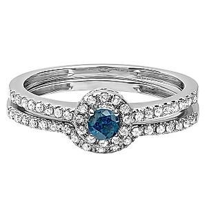 Dazzlingrock Collection 0.45 Carat (Ctw) 14k Round Blue And White Diamond Women Halo Style Bridal Engagement Ring Matching Band Set 1/2 CT, White Gold, Size 7