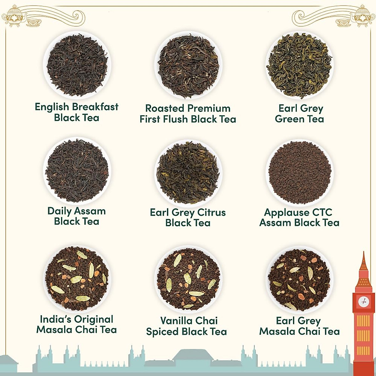 VAHDAM, Weekend In London Tea Gift Sets (3.5oz/50+ Cups) Travel Edition Gift Box | 9 Varieties - Chai Tea, Black Tea | Gluten Free, Non GMO | Gifts for Women, Gifts for Men, Gifts for Him/Her