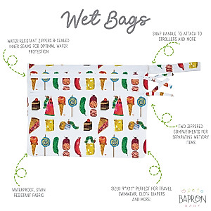 BapronBaby Eric Carle Food Parade Wet Dry Bag - Waterproof Two Zipper Pockets - Reusable for Mealtime, Diapers, Stroller, Snacks, Swimsuits - Machine Washable - 11" x 9"