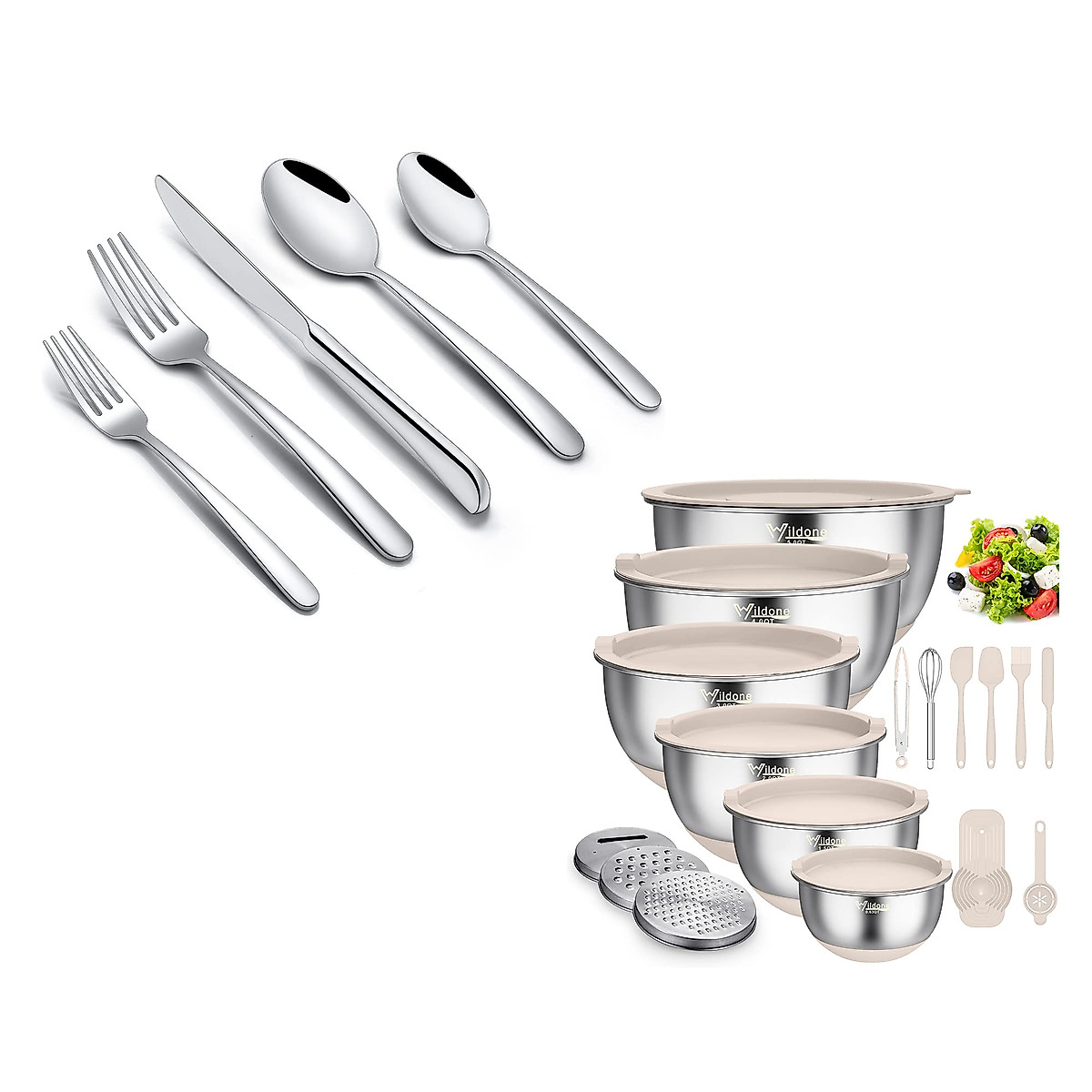 Wildone Silverware Set for 12 and Mixing Bowls with Airtight Lids 22 PCS
