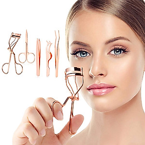 Arroyner 5 Pieces Eyelash Applicator Tool False Eyelashes Applicator Eyebrow Curler Eyebrow Scissors (Rose Golden)