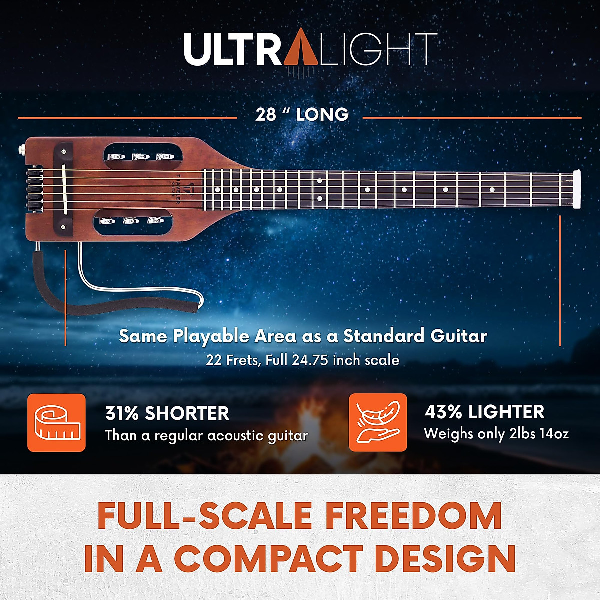 Traveler Guitar Ultra-Light Guitar for Travel | Portable and Headless Electric Acoustic Guitar | Full 24 3/4" Scale | Antique Brown Travel Guitar with Custom Gig Bag and Removable Lap Rest