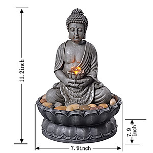GOSSI 11.2 in Tall Indoor Tabletop Buddha Fountains Desk Water Fountain Sitting Buddha Fountain Zen Fountain w/ Reflective Lighting/Cobblestone Office and Home Decor