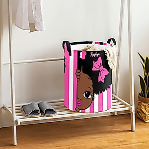 African Black Girl Princess Personalized Laundry Basket Clothes Round Storage Handle Waterproof, Custom Foldable Large Capacity and Lightweight, For Bedroom Bathroom Toy Decoration