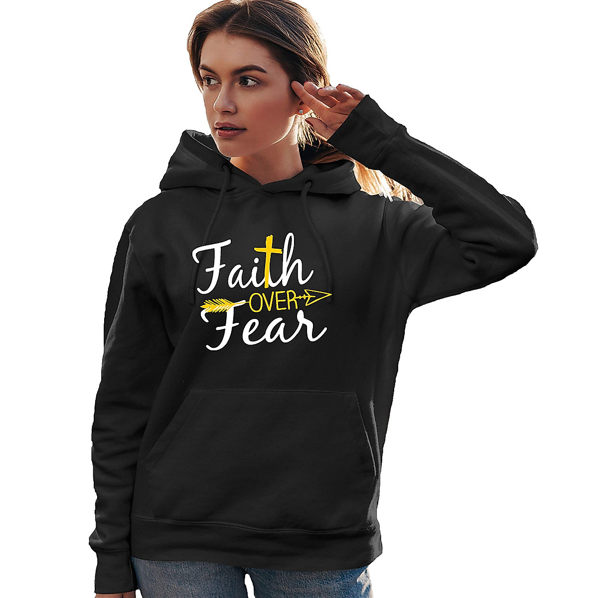 Go All Out Medium Black Mens Faith Over Fear Cross & Arrow Christian Jesus Sweatshirt Hoodie