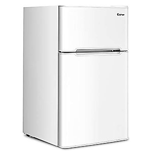 COSTWAY Compact Refrigerator, 3.2 cu ft. Unit 2-Door Freezer Cooler Fridge with Reversible Door, Removable Glass Shelves, Mechanical Control, Recessed Handle for Dorm, Office, Apartment (White)