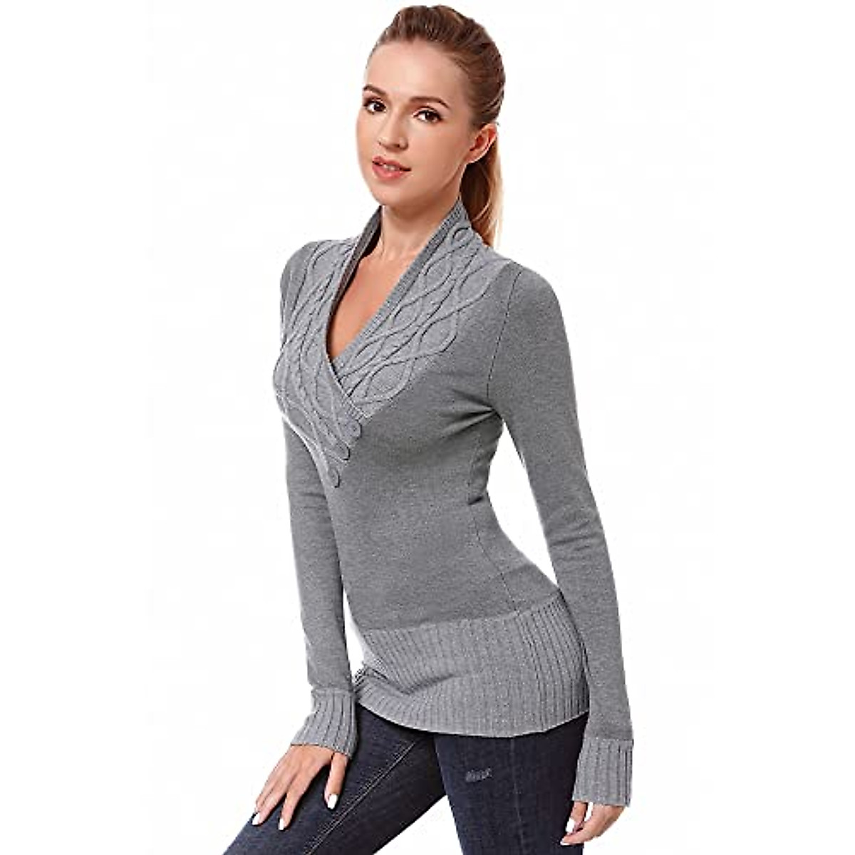 AmélieBoutik Women Crossover Cable Knit V Neck Long Sleeve Pullover Sweater (Gray Large)