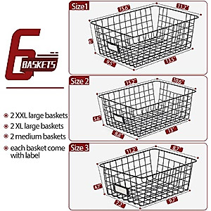 6 Pack [ Extra Large ] Wire Storage Baskets for Organizing with Lables, Pantry Organization Bins for Cabinets - Metal Basket for Kitchen, Laundry, Garage, Fridge, Bathroom Countertop Organizer, Black