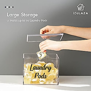 LifeLAZA Acrylic Laundry Pods Container with Lid, Clear Holder For Tide Pod, Laundry Detergent Capsules Storage, Dispenser Jar Box Organization for Laundry Room Decor (Black Font)