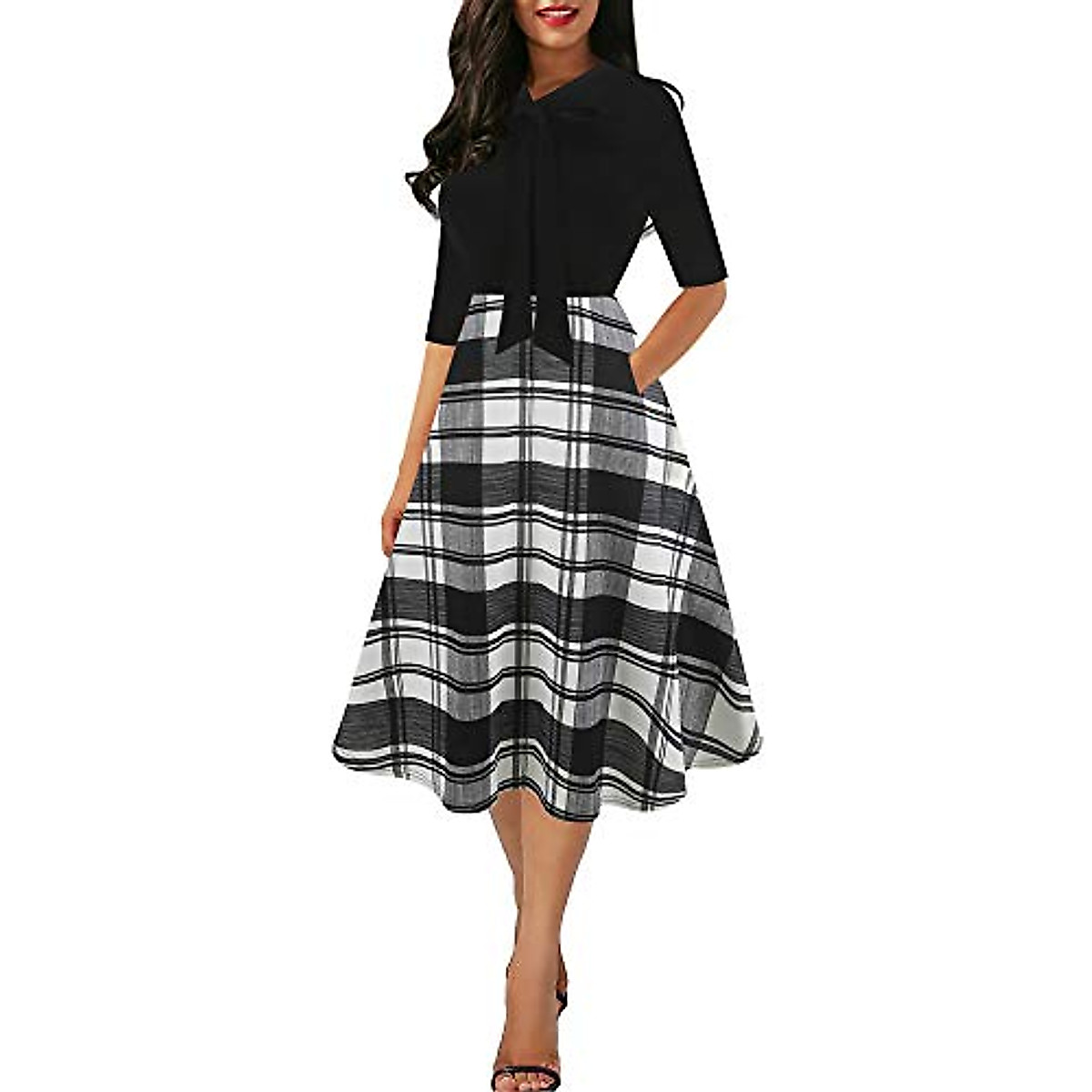 oxiuly Women's Vintage Bow Tie V-Neck Pockets Casual Work Party Cocktail Swing A-line Dresses OX278 (S, BK-Wp P5)