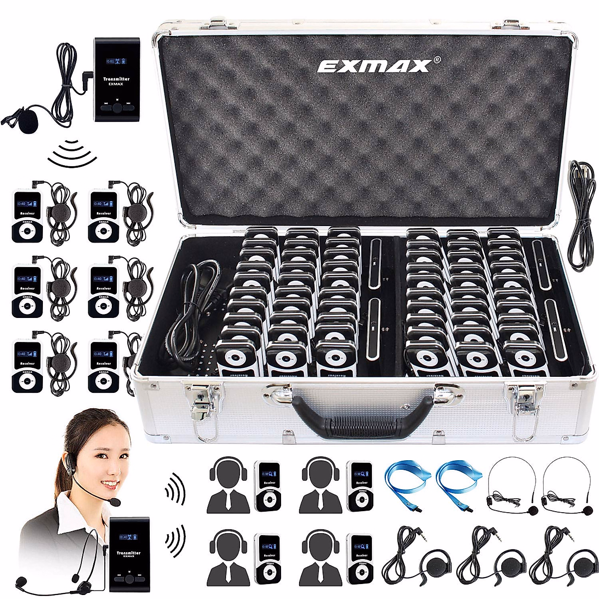 EXMAX Portable Interpreting Solutions ATG-100T 195MHz for Court Interpreters for Courthouses, Churches, International Conference(4 Transmitters and 60 Receivers + Aluminium Alloy Charge Case)