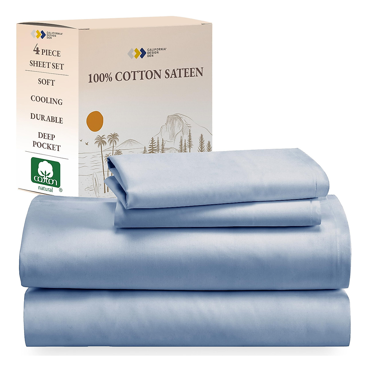 California Design Den Soft 100% Cotton Sheets Full Size Bed Sheet Set with Deep Pockets, Full Size Sheets Set with Sateen Weave, Cooling Sheets (Blue Hydrangea)