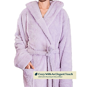 PAVILIA Women Hooded Plush Soft Robe | Fluffy Warm Fleece Sherpa Shaggy Bathrobe (S/M, Lavender Purple)