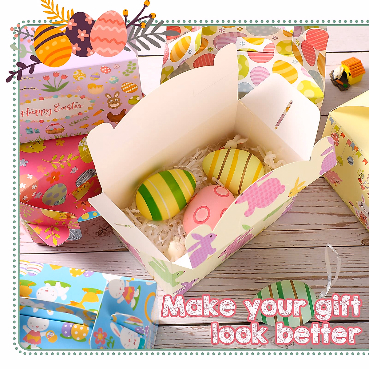 Dianelhall 24 Pcs Easter Treat Boxes Paper Gift Box Party Favor Small Basket with Handle Bunny Eggs Containers for Kids Gifts, 6 x 3.5 x Inch