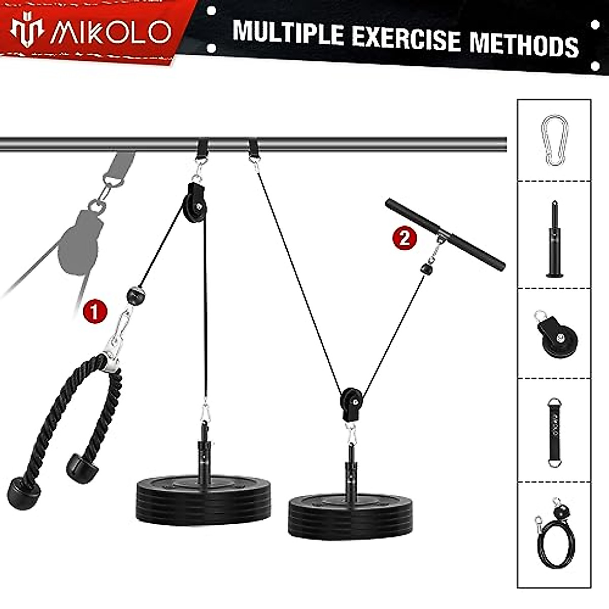 Mikolo Fitness LAT and Lift Pulley System, Dual Cable Machine(70'' and 90'') with Upgraded Loading Pin for Triceps Pull Down, Biceps Curl, Back, Forearm, Shoulder-Home Gym Equipment(Patent)