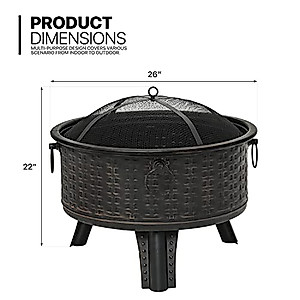 MoNiBloom 26" Round Fire Pit Wood Burning Bonfire Firebowl Outdoor Portable Steel Firepit with Spark Screen Cover and Poker for Backyard Garden Bonfire BBQ, Black