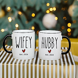 Est 2024 Hubby & Wifey Coffee Mugs Set, Wedding Gift Set of 2 to Give, Bride Groom Mug Set, Couples Coffee Mug Set, Newlywed Coffee Mugs Gift Set, Mr & Mrs Bridal Shower Gift (Black Handle)-5