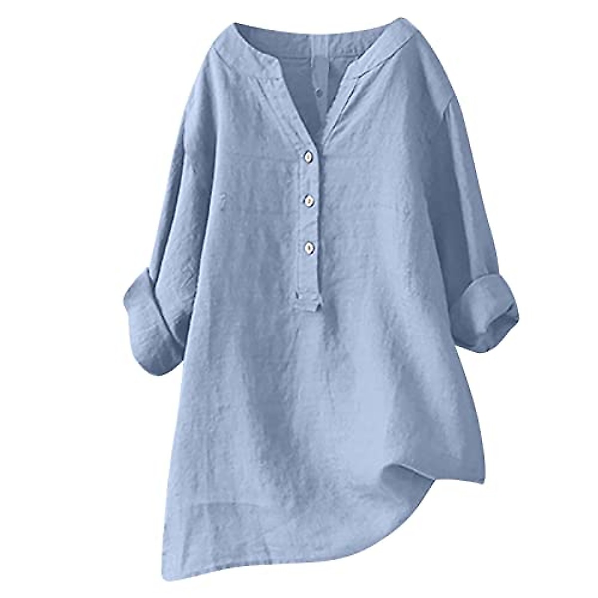 JDHUFEI Summer 3/4 Sleeve T Shirts for Women Casual Linen V Neck Tops Solid Color Button Loose Blouse and T-Shirt