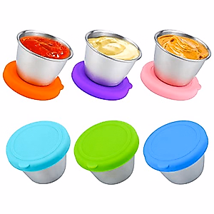 YETOOME 6 Pack Salad Dressing Containers To Go, 2.5 oz Small Condiment Containers with Lids, Reusable Stainless Steel Dipping Sauce Cups Containers, Leakproof Silicone Lids for Lunch, Picnic and Travel