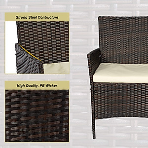 3PCS Outdoor Patio Furniture Set PE Wicker Rattan Chairs and Table Sofa Seats Conversation Set with Washable Cushion (Brown Beige)