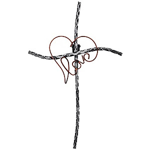 Top Brass Love/Heart Decorative Metal Wall Cross - Welded Wrought Iron - Valentine, Anniversary Jesus Art Decor - Antigue Silver/Copper Finish