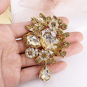 LAXPICOL Vintage Wedding Bridal Big Clear Champagne Crystal Rhinestone Tear Drop Brooch Pin for Women