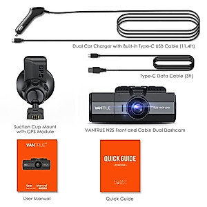 Vantrue N2S 4K Dash Cam with GPS, Front and Inside Dual 2.5K 1440P, IR Night Vision Uber Car Camera, 24/7 Recording Parking Mode, Motion Detection, 256GB Supported