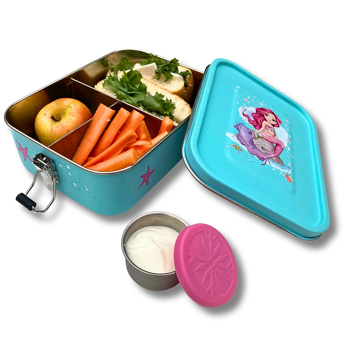 Integral Petal Stainless Steel Lunch Box for Kids with Matching Dip Container, Bento Box for Kids, 3-Compartment Metal Lunch Container, School Lunch box, Snack Container for Kids, Dishwasher Safe