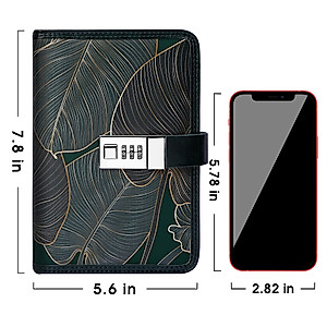CAGIE Journal with Lock Combination Digital 224 Pages Lockable Secrets Diary, Printed Leaves Design Locking Journal for Adults, 5.1 x 7.4 Inch, Green