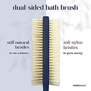 MainBasics Shower Brush Back Scrubber Dual-Sided Body Brush Long Handle with Soft and Stiff Bristles for Dry & Wet Brushing (Navy Blue)