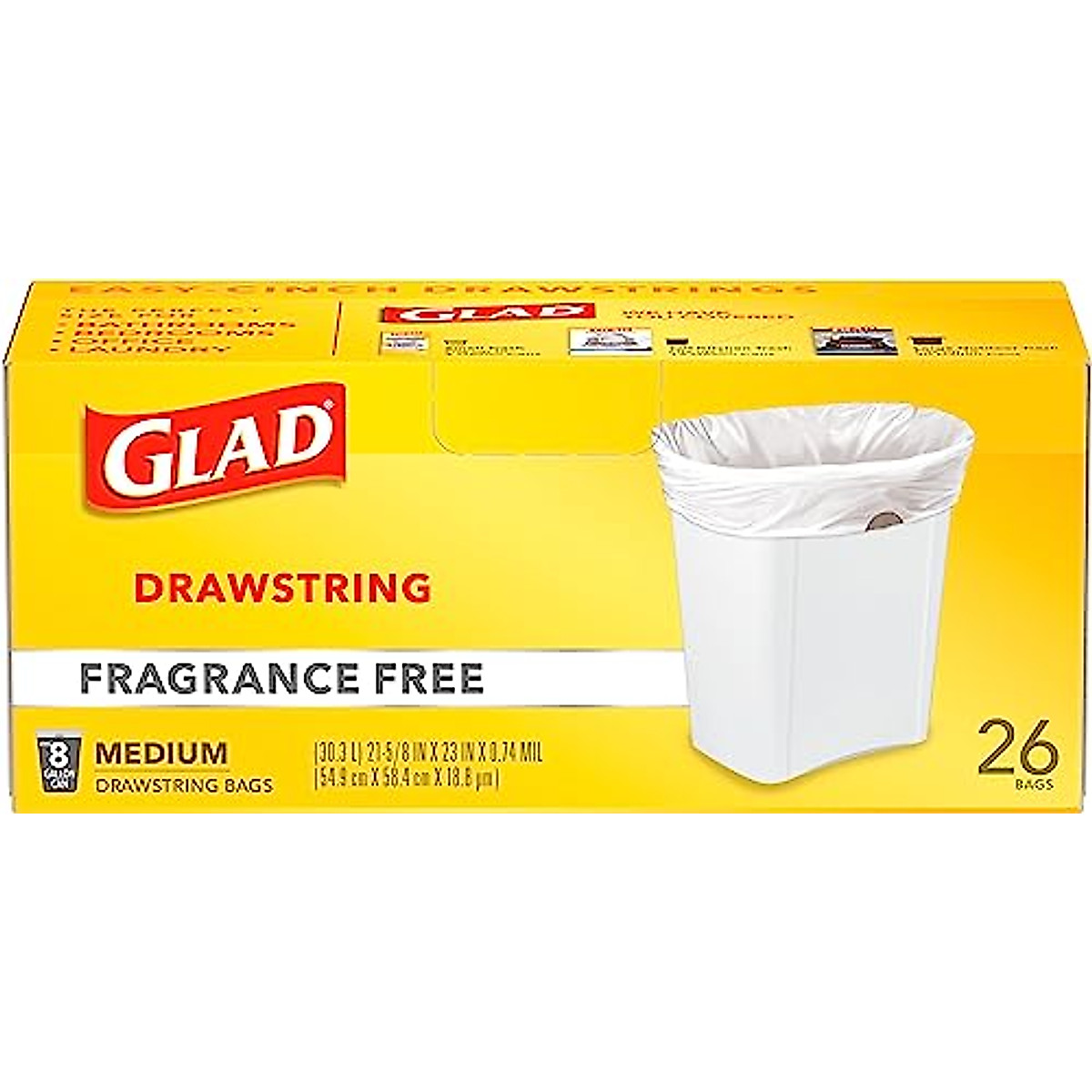 Glad Medium Drawstring Trash Bags, 8 Gallon, White, Fragrance Free, 26 Count, Pack May Vary