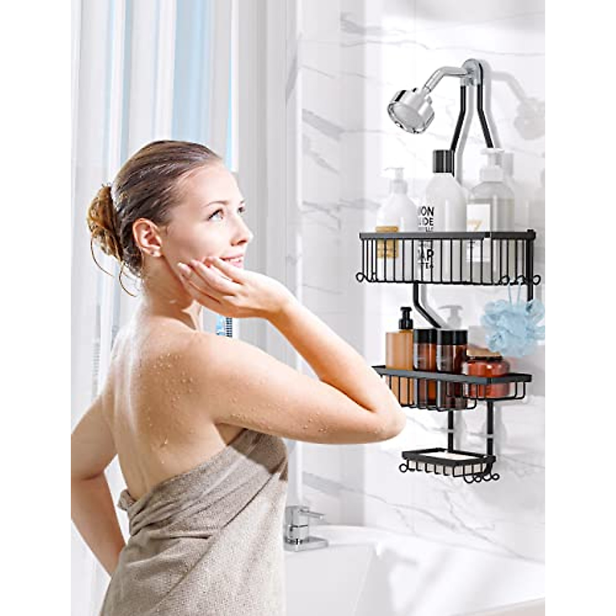 HYSEYY Shower Caddy Over Shower Head Hanging Shower Caddy for Bathroom, No Drilling Rustproof Stainless Steel Hanging Shower Organizer with Soap Holder, 10 Hooks, Large Capacity for Whole Family