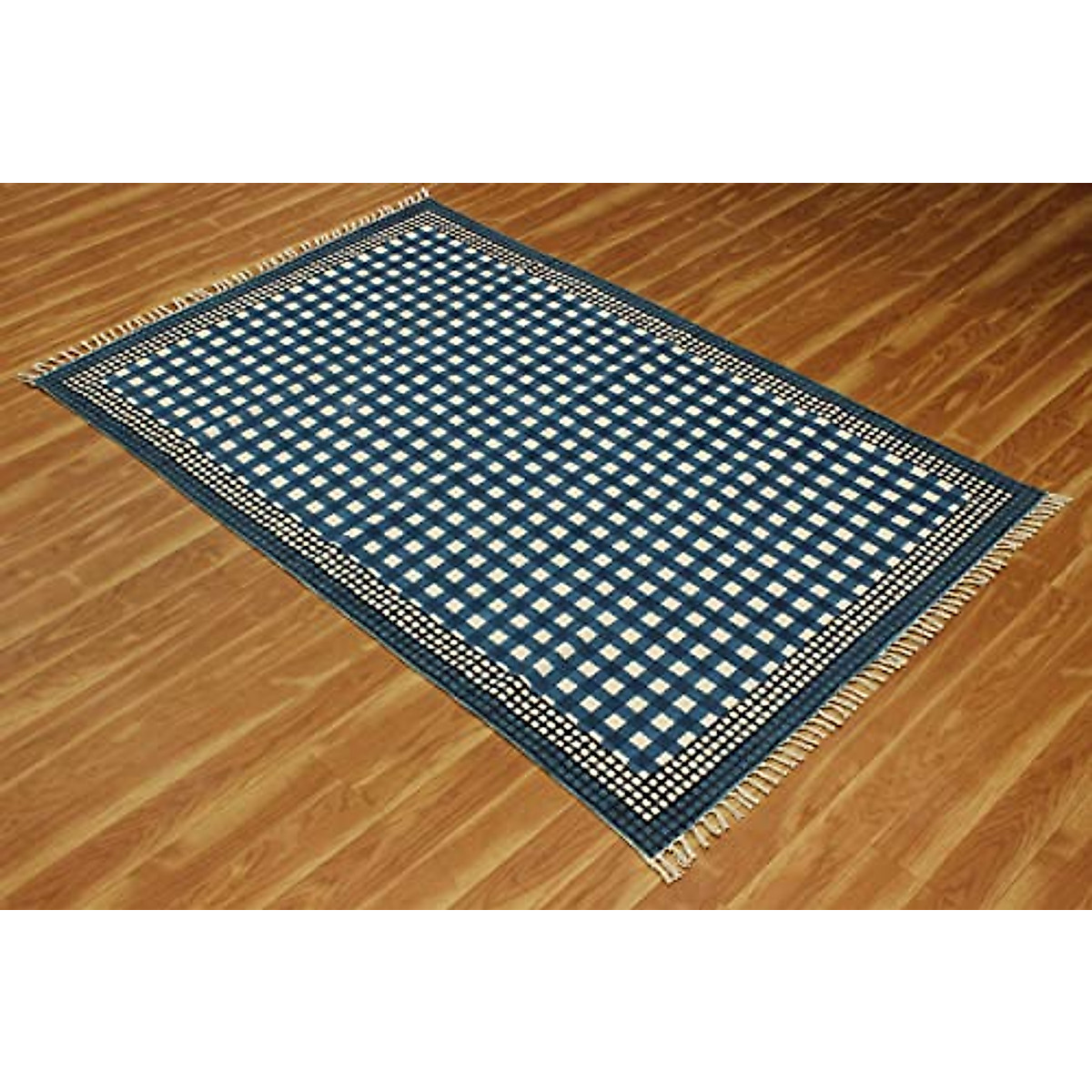 Casavani Hand Block Printed Area Rug Hand Made Geometric Blue Tassel Rug Cotton Easy Washable Rugs Best Uses For Doormat Entryway Kids Room Bedroom Hallway 4x8 6x8 7x7 Feet Square