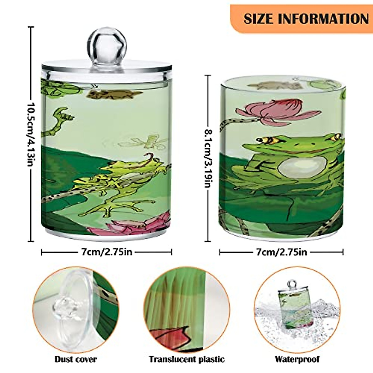 Kigai Frog Lotus Illustration Qtip Holder Dispenser for Cotton Ball, Cotton Swab,Plastic Clear Apothecary Jar, Home Décor Kitchen Storage Jar,2 Pack
