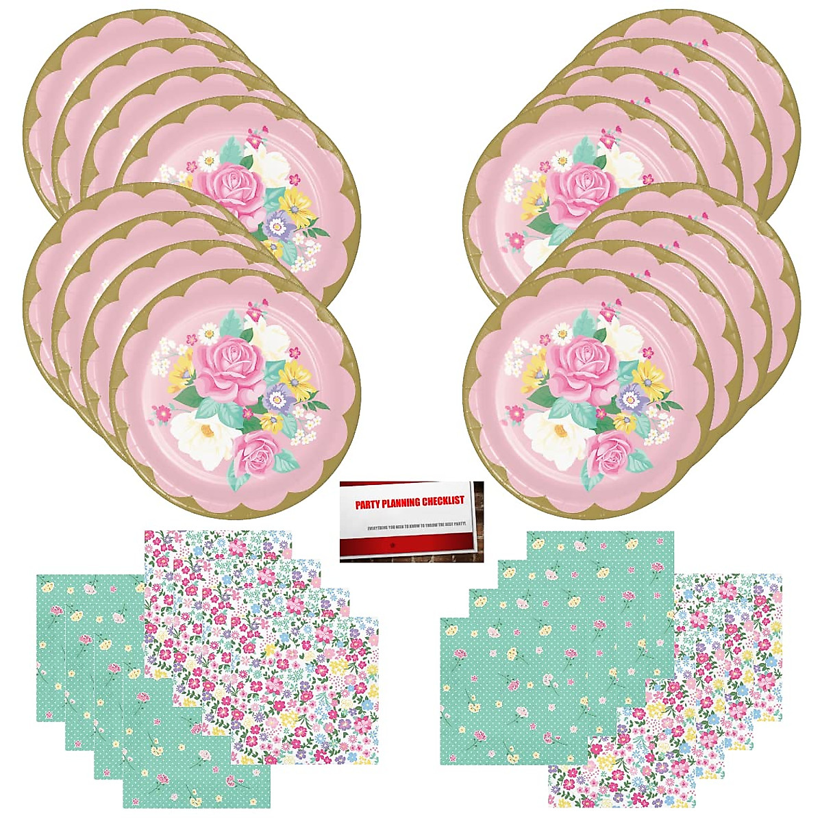 Multiple Brands Floral Tea Party Time Wonderland Birthday Party Supplies Plates and Napkins Bundle Pack for 16 Guests (Plus Party Planning Checklist by Mikes Super Store)