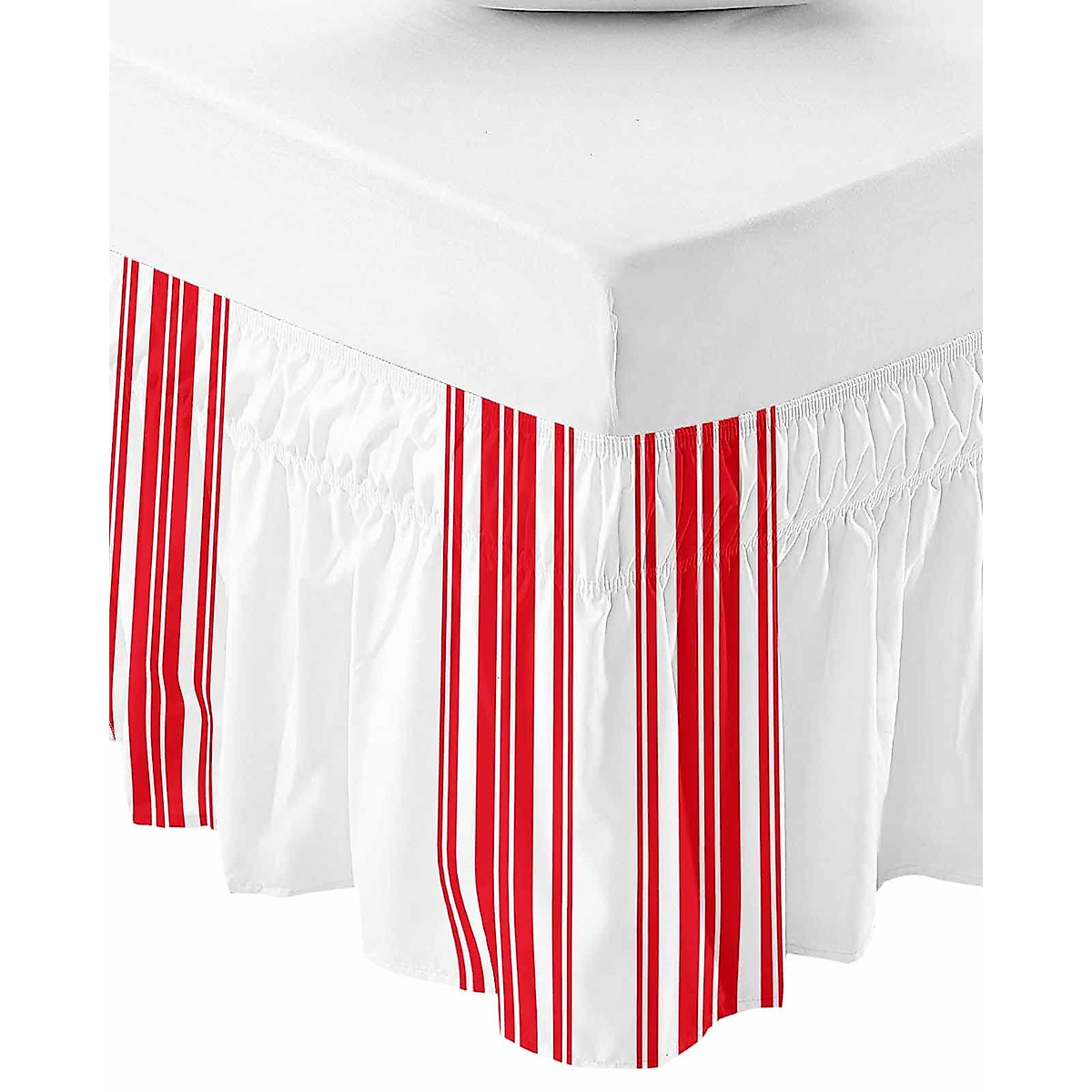 Stripes Red White Bed Skirt King Size 16 Inch Drop,Adjustable & Elastic Wrap Around Bed Skirts Pleated Luxury Dust Ruffles for Twin Full Queen Cal King Bed,Classic Casual Bohemian Geometric Art Decor