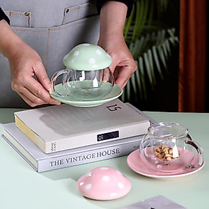 Hyltd Mushroom Tea Cup Mushroom Mug Cute Glass Tea Cups Mushroom Cup Mushroom Tea Mug with Filter Lid Coaster 9.6 Ounces (Green)
