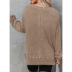 Dokotoo Womens Sweatshirt for Women 2024 Oversized Waffle Knit Crewneck Sweatshirt Long Sleeve Shirts Casual Loose Fit Lightweight Athletic Pullover Tunic Tops to Wear with Leggings Brown Large