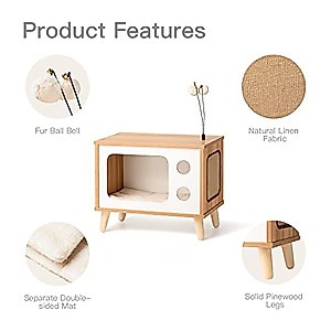Cat House Wooden Cat Condo Cat Bed Indoor TV-Shaped Sturdy Large Luxury Cat Shelter Furniture with Cushion Cat Scratcher Bell Ball Toys