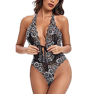 EVELUST Womens Open Back Halter Plunging Teddy,Comfortable Scalloped Trim Lace Lingerie (BlackBow,M,6005e)