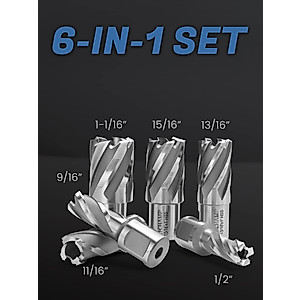 Lichamp Annular Cutter Set, M2 HSS Mag Drill Bits for Magnetic Drill Press Hard Steel Drill Project, 6 Pack with 1/2" to 1-1/16" Diameter and 1" Cutting Depth with case